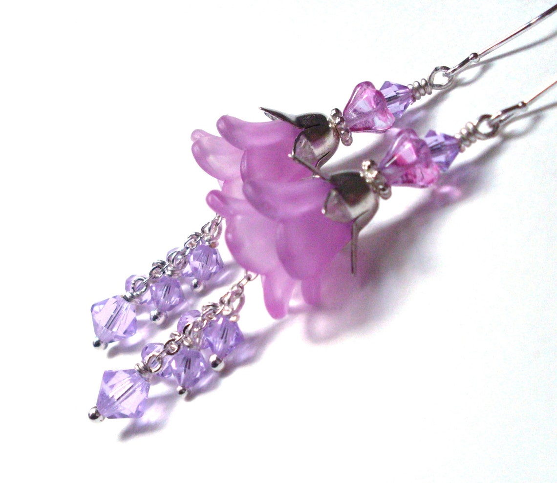 Lilac Lucite Flower Earrings Crystal Dangle Long Layered Etsy