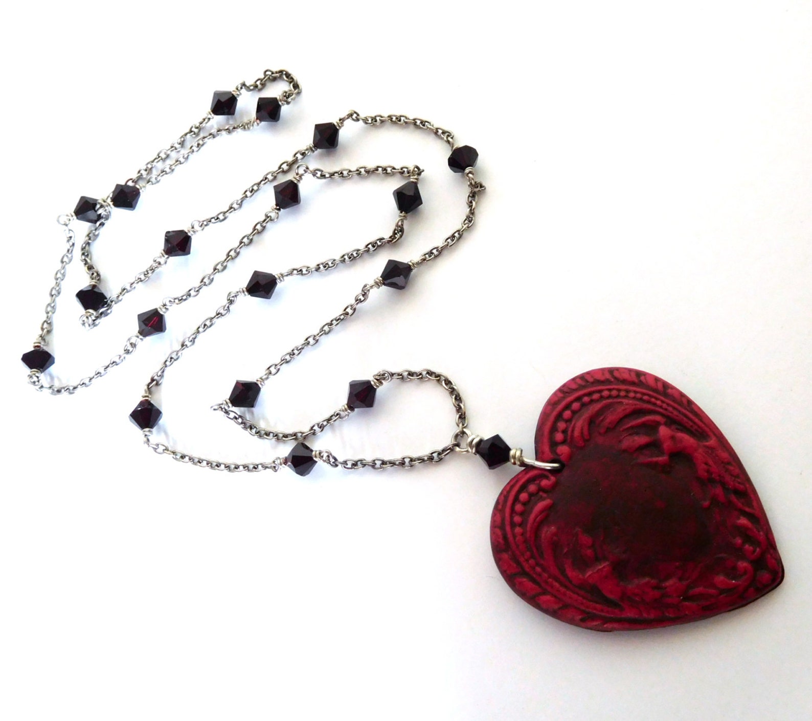 Large Red Heart Pendant Long Chain Necklace Victorian Style - Etsy