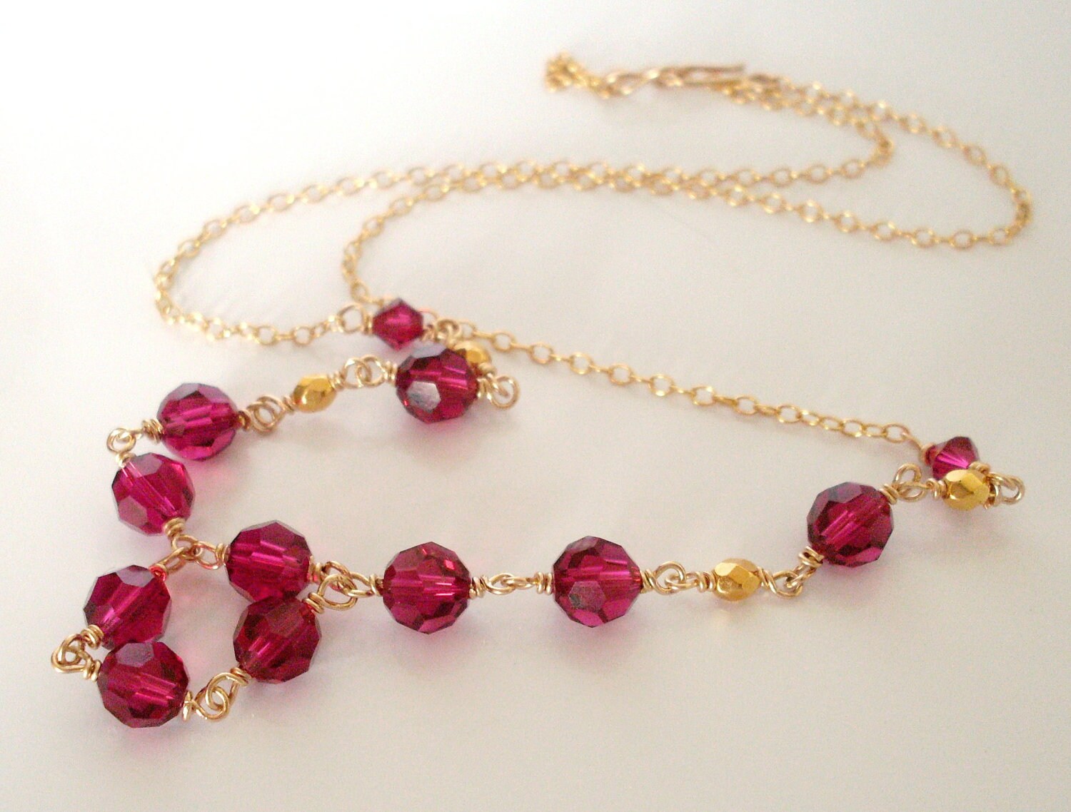 Red Crystal Necklace, Ruby Color Bead Link Necklace, 14k Gold Fill ...