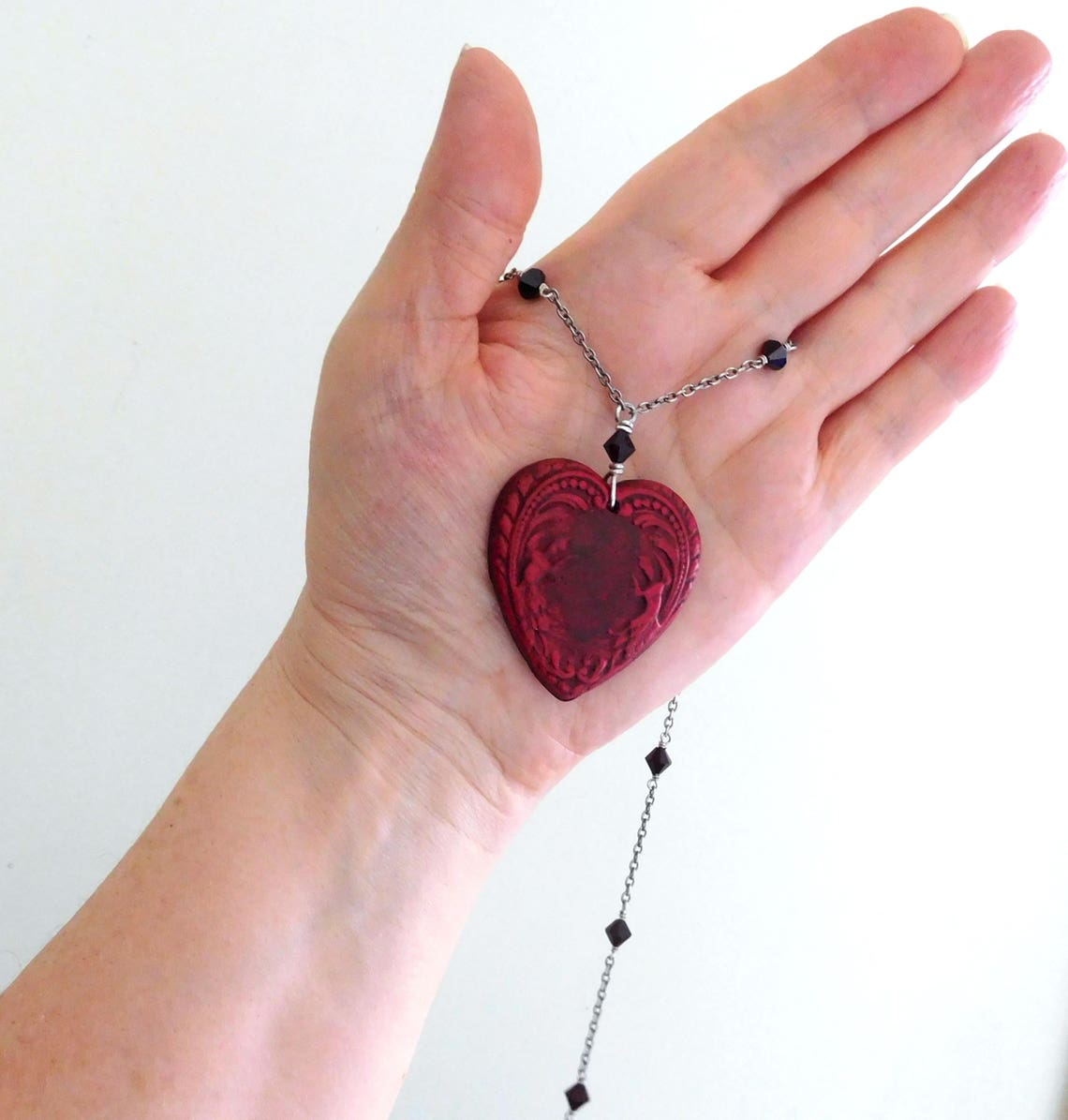 Large Red Heart Pendant Long Chain Necklace Victorian Style - Etsy