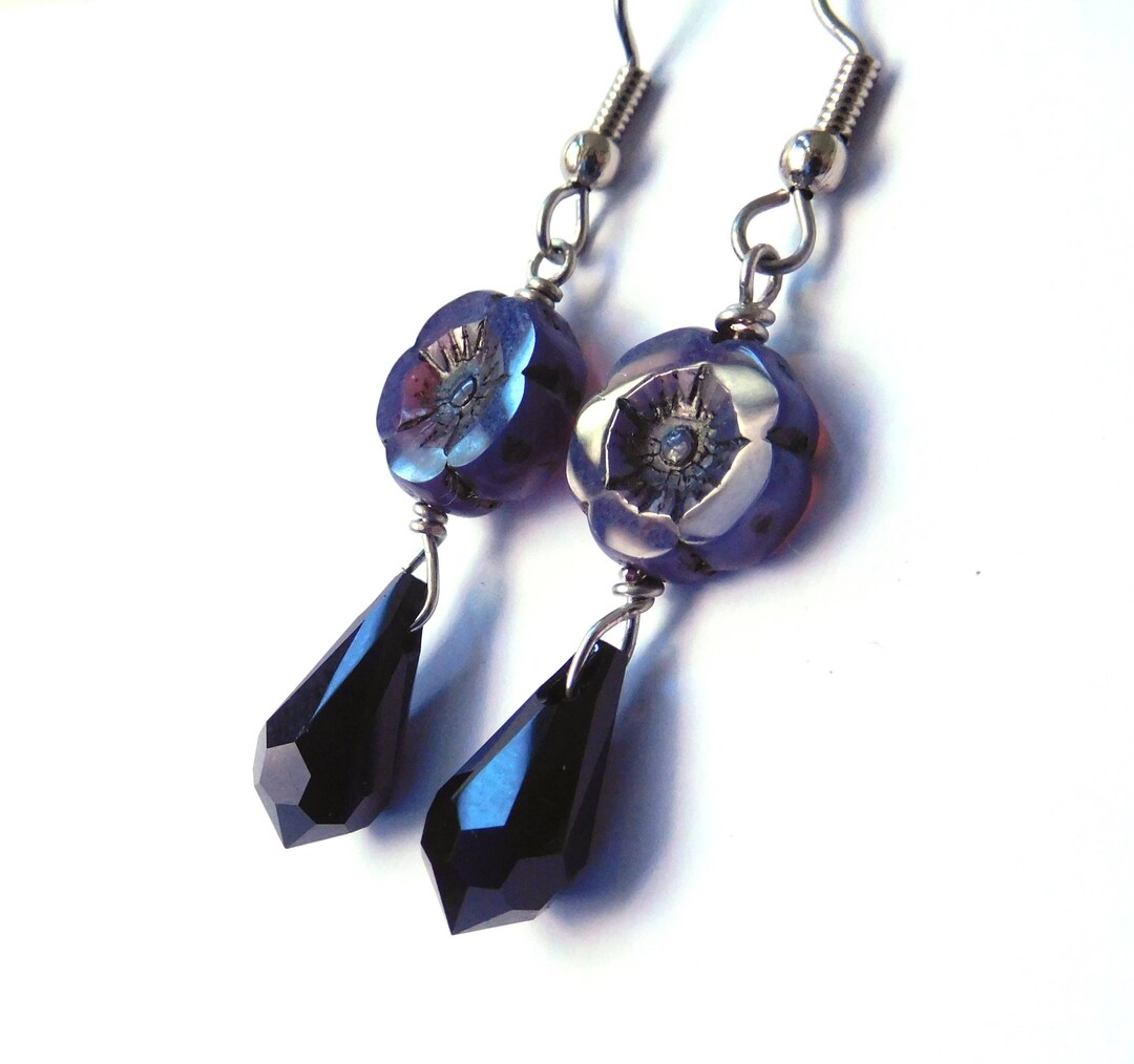 Black Crystal Drop Earrings, Violet Flower Bead Earrings, Swarovski ...