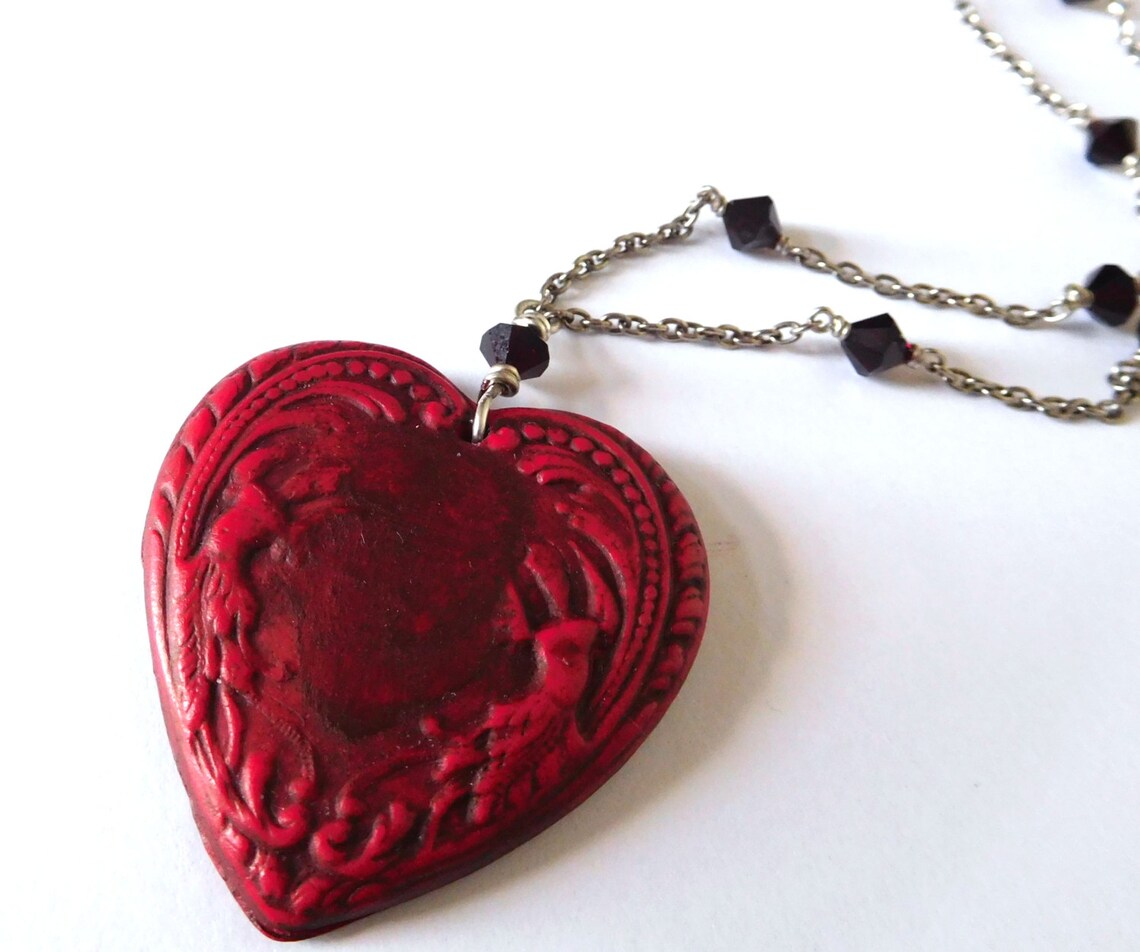 Large Red Heart Pendant Long Chain Necklace Victorian Style - Etsy