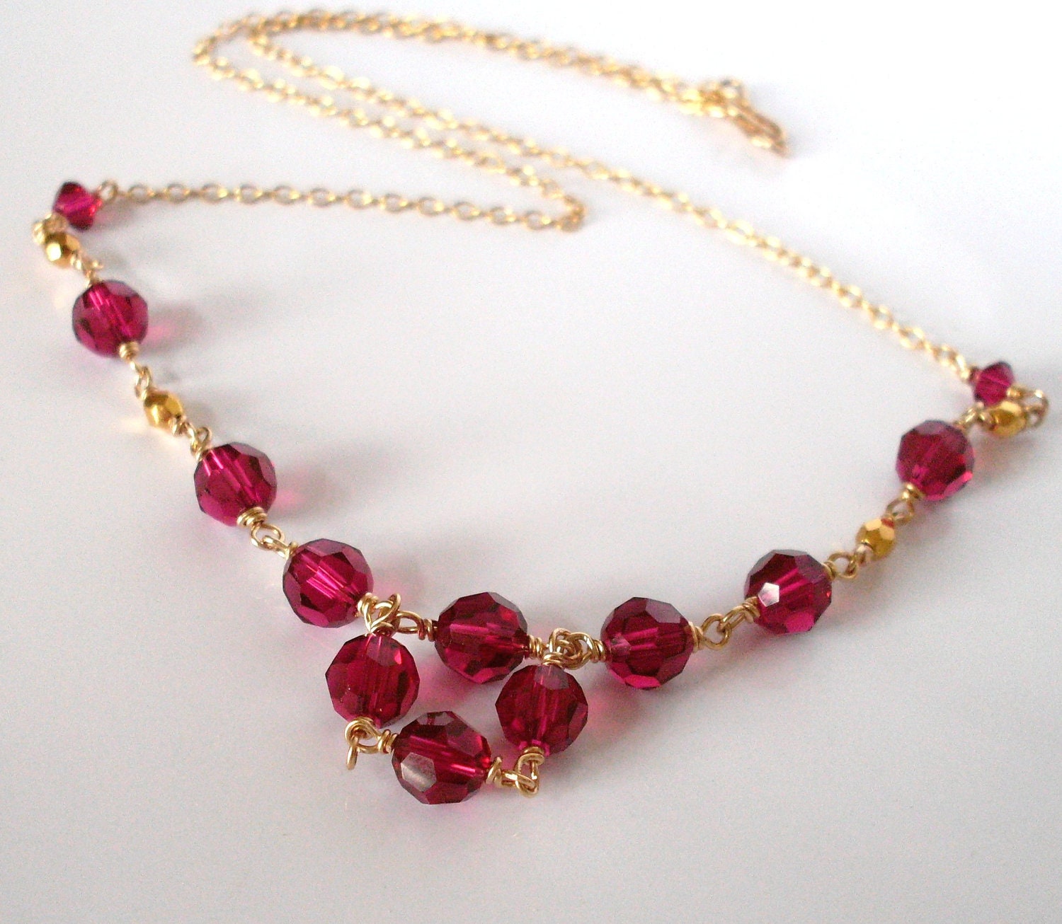 Red Crystal Necklace, Ruby Color Bead Link Necklace, 14k Gold Fill ...