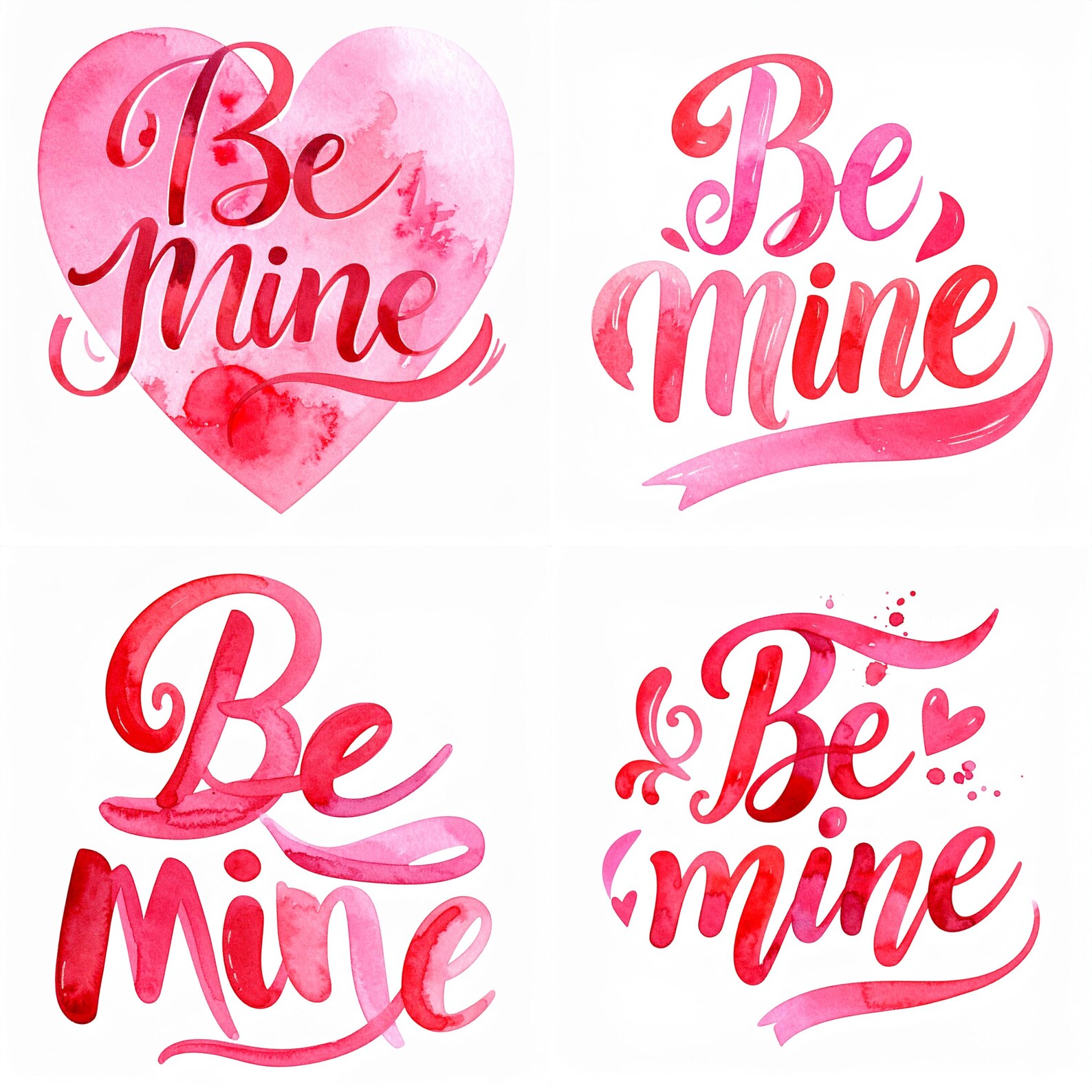 Be Mine Watercolor Lettering Clipart PNG Set of 4, Valentine's Day ...