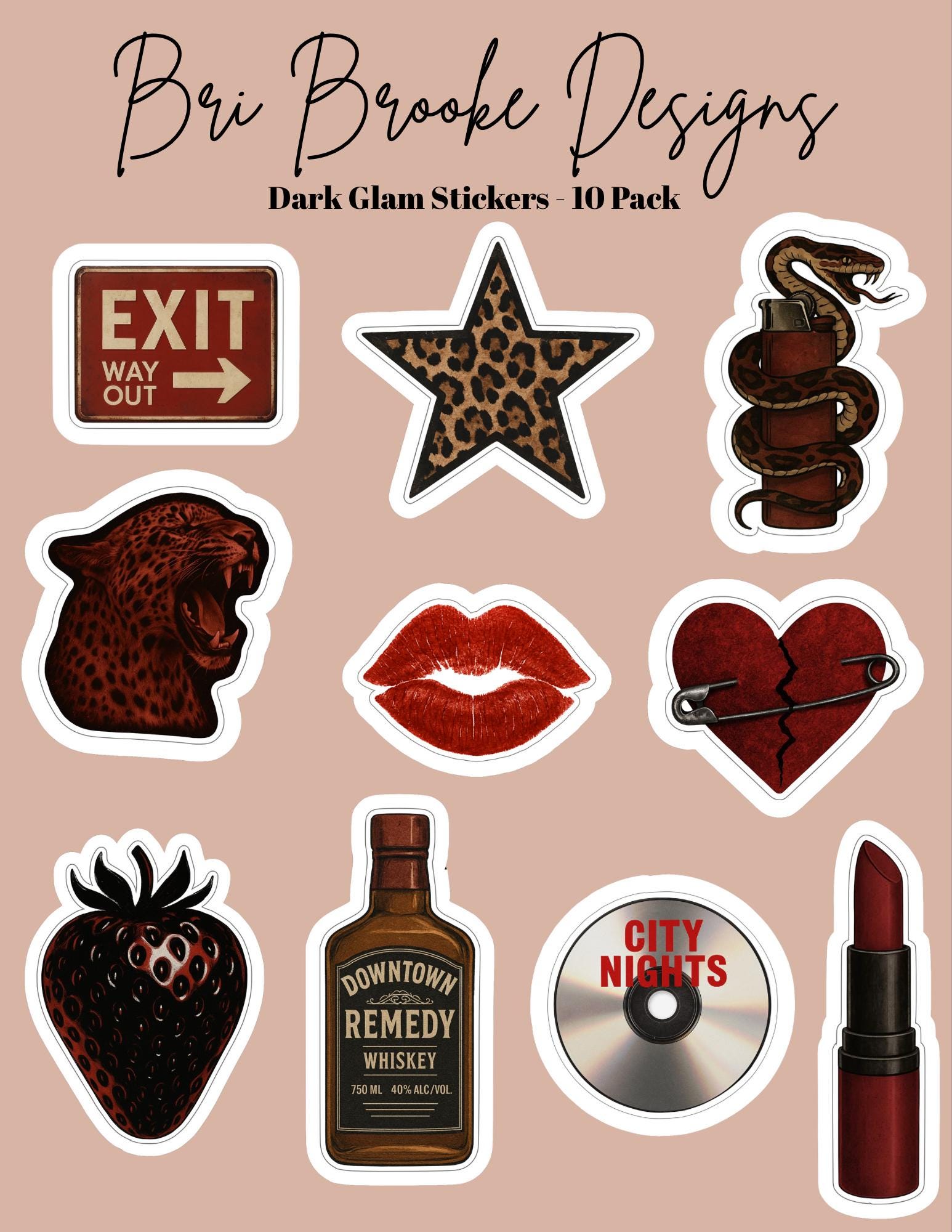 Dark Glam Vinyl Stickers | Leopard Star, Whiskey, Lipstick (10-pack) - Etsy