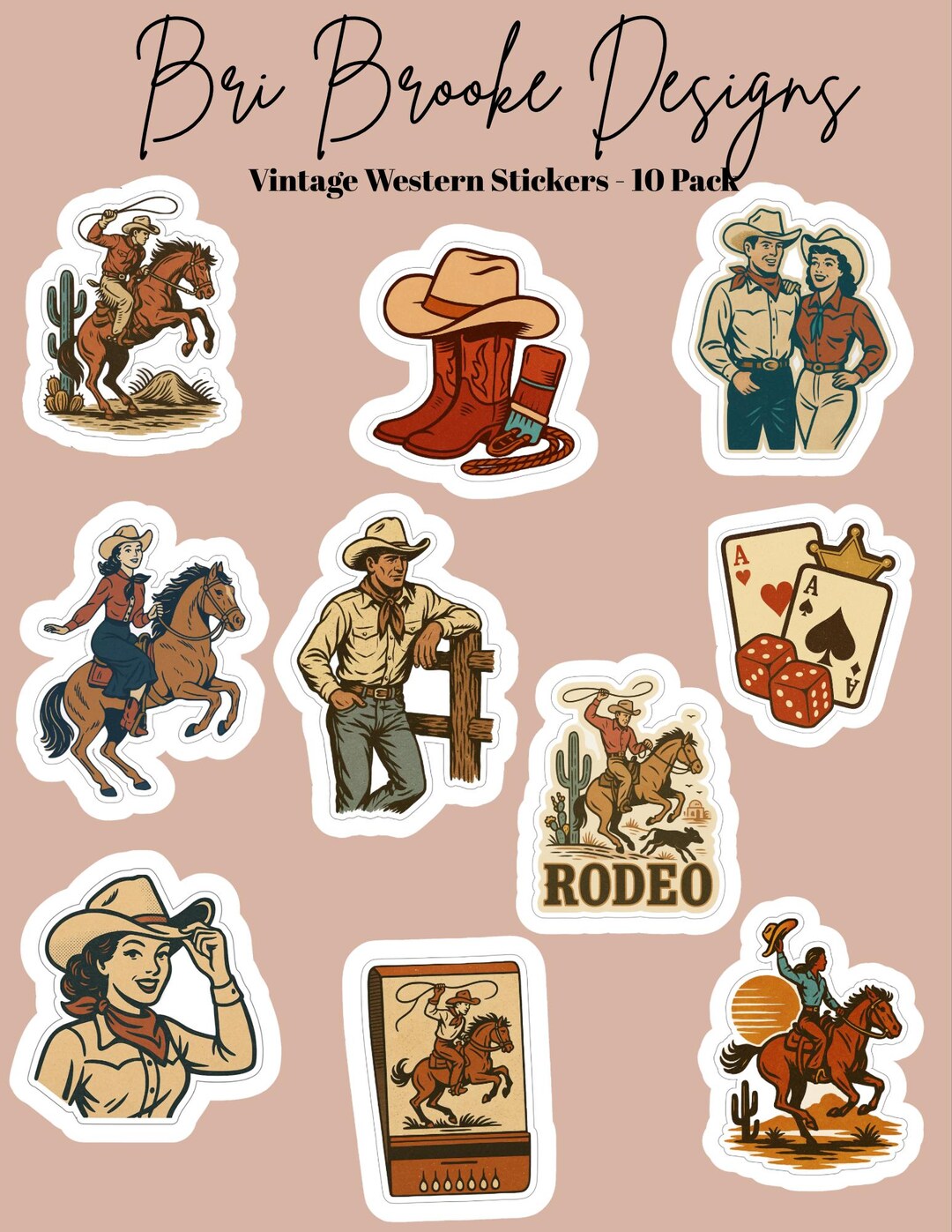 Western Sticker Pack | Cowboy & Cowgirl Rodeo Art | Retro Country Vinyl ...