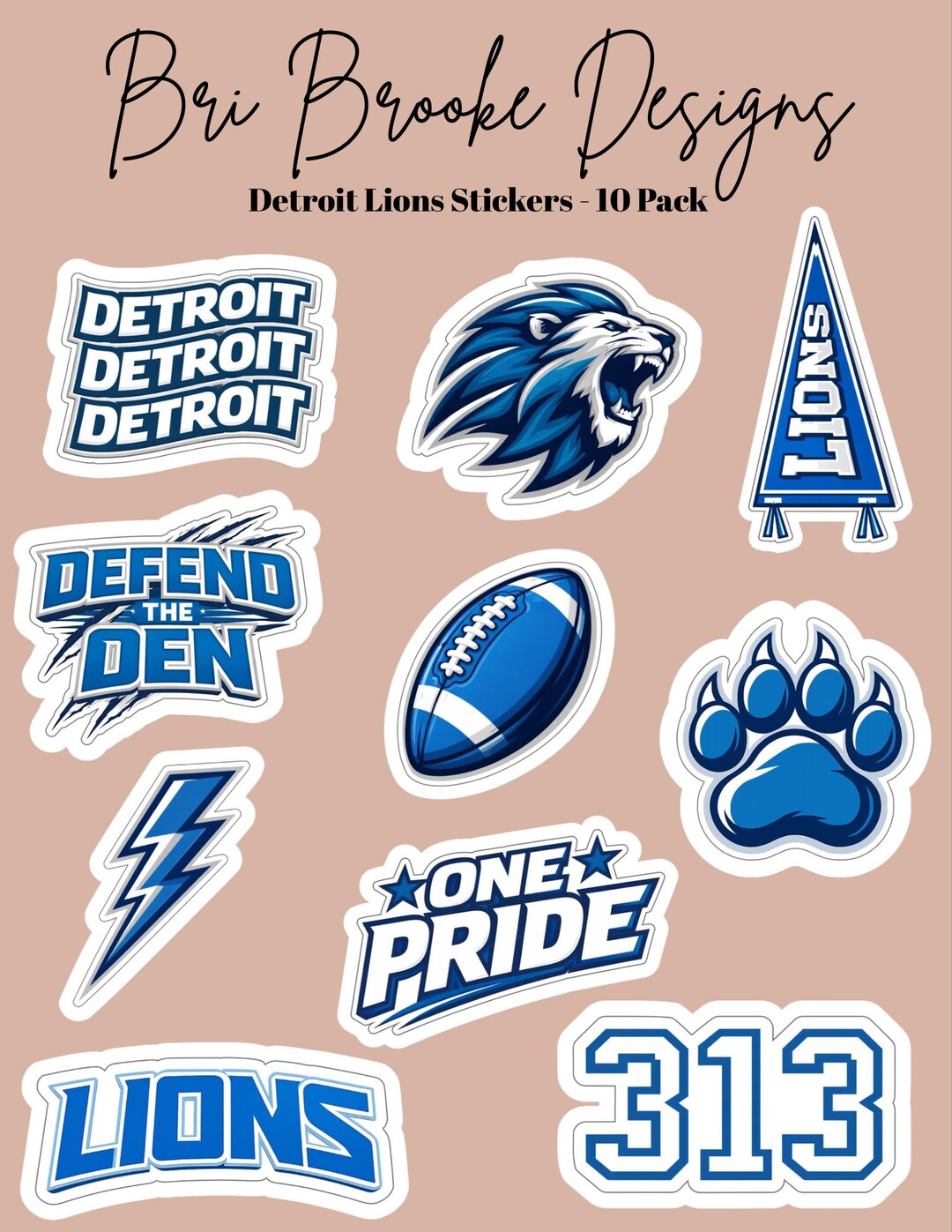 Detroit Lions Sticker Pack | 10 Waterproof Football Stickers | One ...
