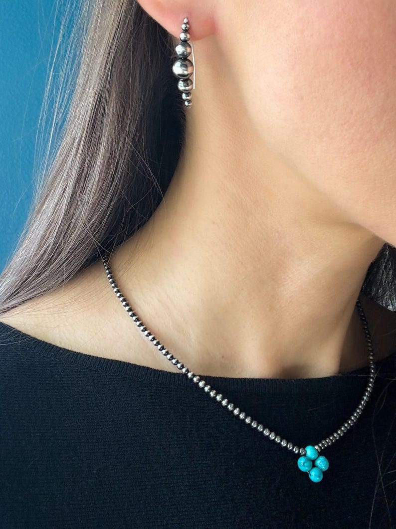 Turquoise Clover Choker Necklace - Navajo Pearl Style Sterling Silver ...