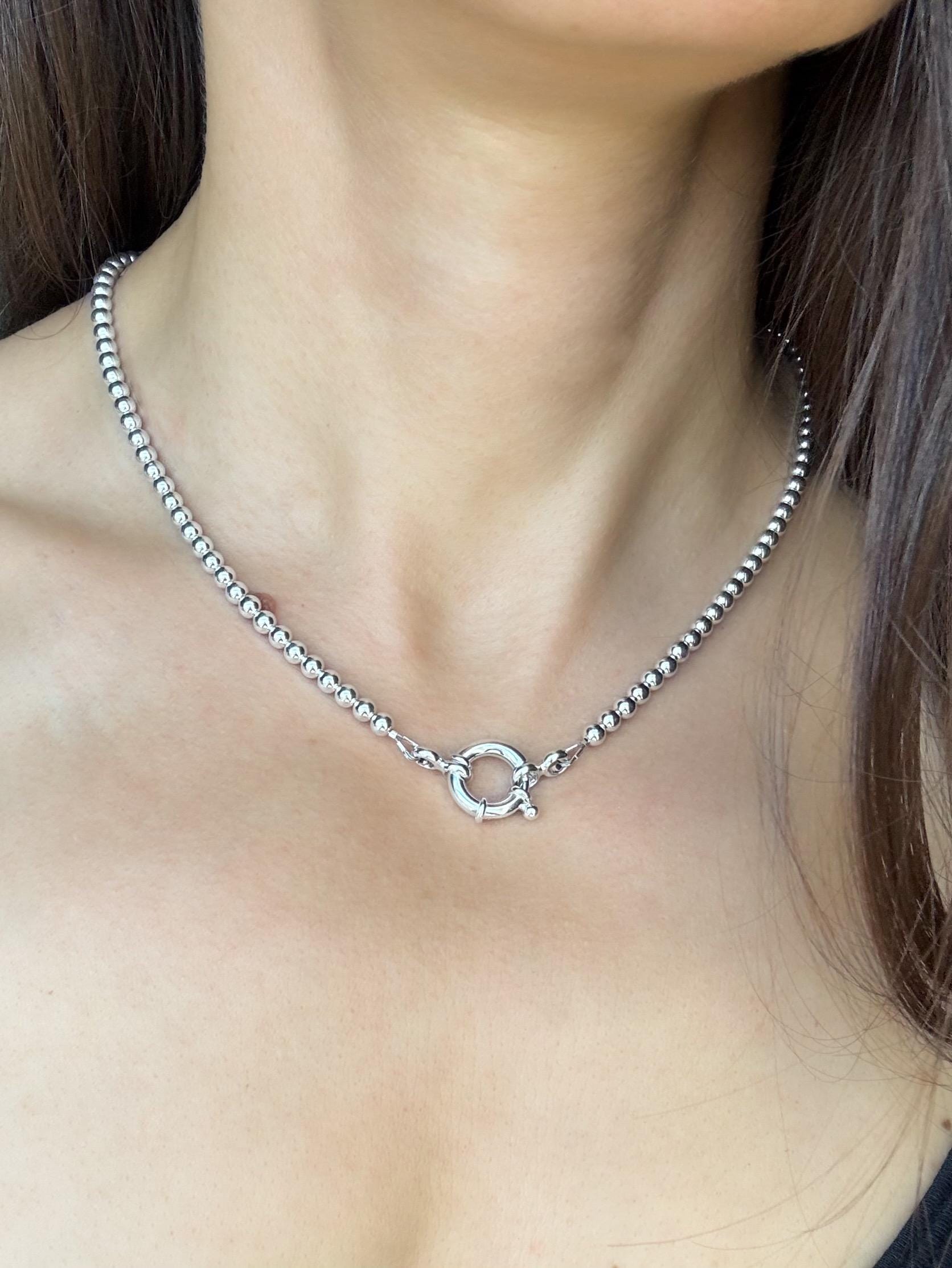 Beaded Sterling Silver Necklace With Large Spring Ring, Pendant Charm ...