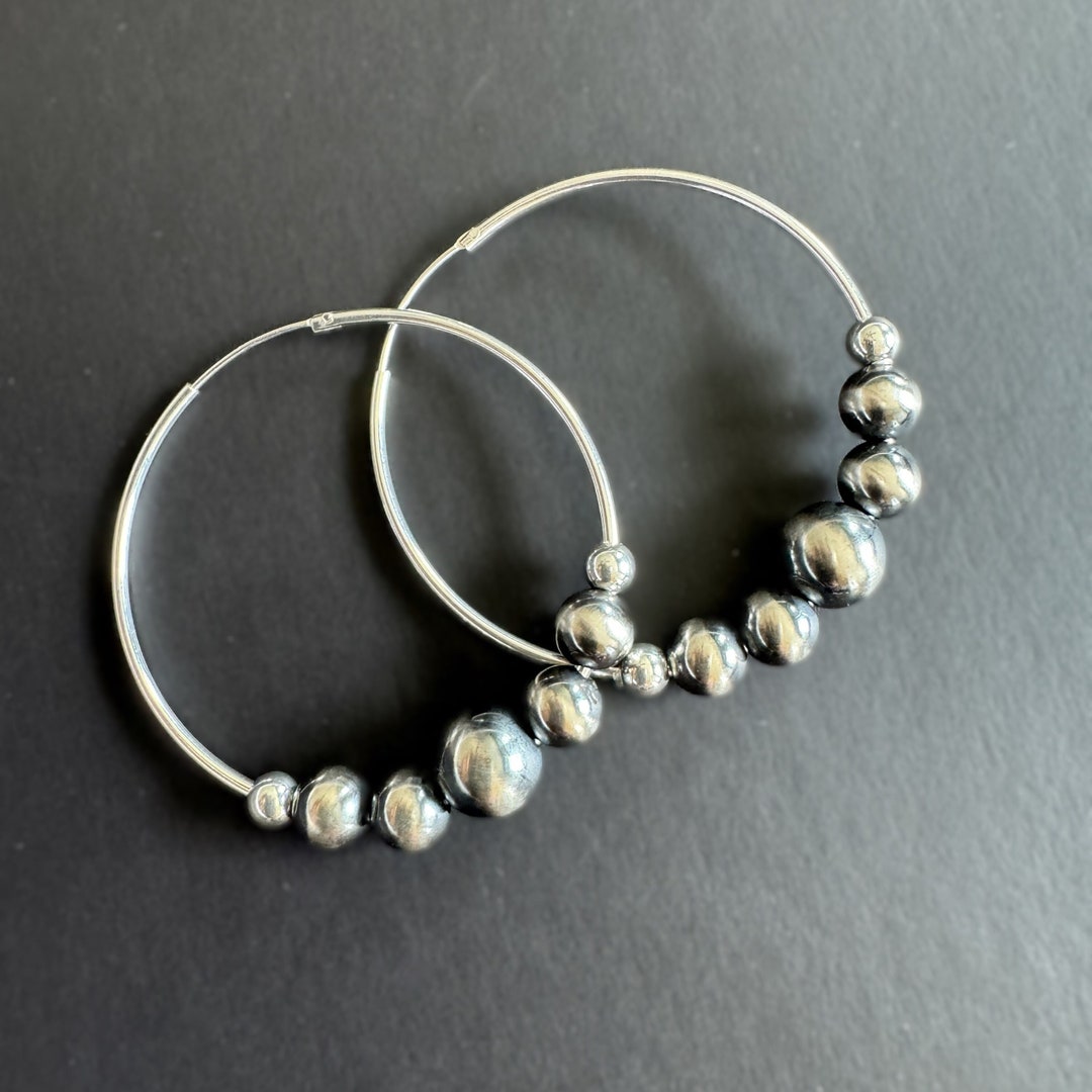 Beaded Boho Western Hoop Earrings 925 Sterling Silver Navajo Pearl ...