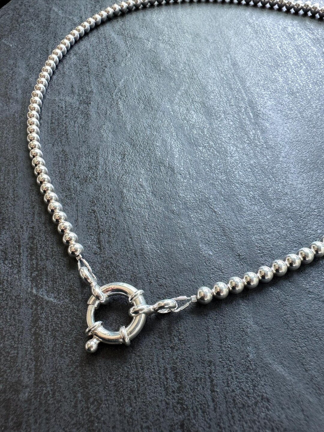 Beaded Sterling Silver Necklace With Large Spring Ring, Pendant Charm ...