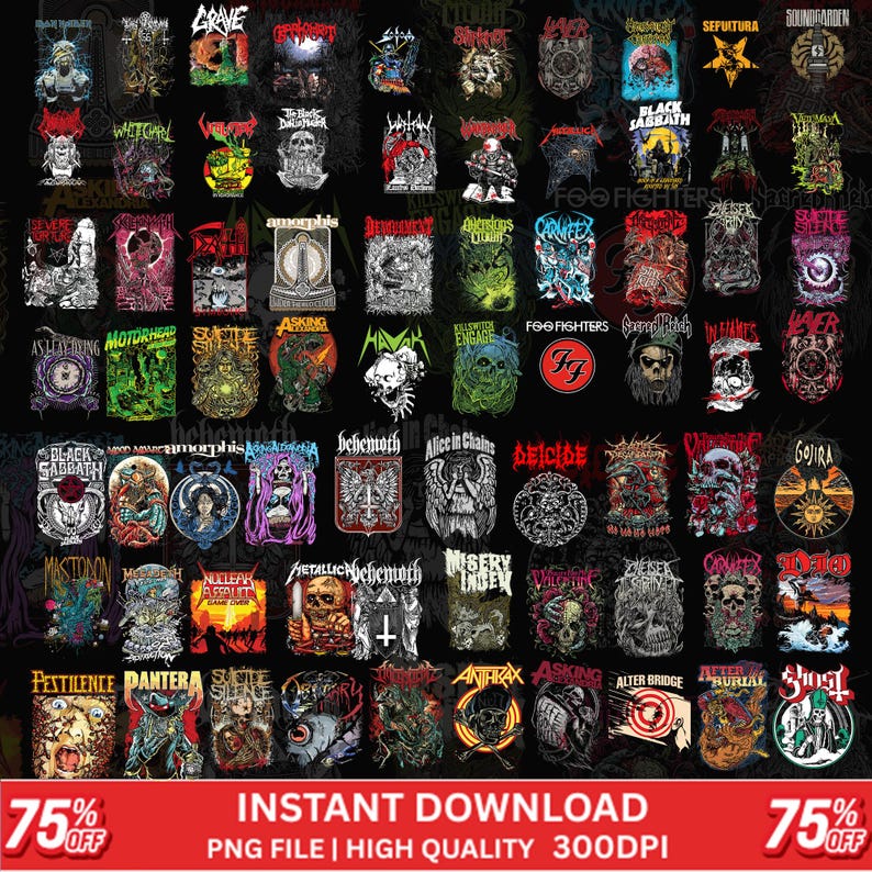 70 Heavy Metal Band T-shirt Designs: Punk Grunge PNG Bundle (digital ...