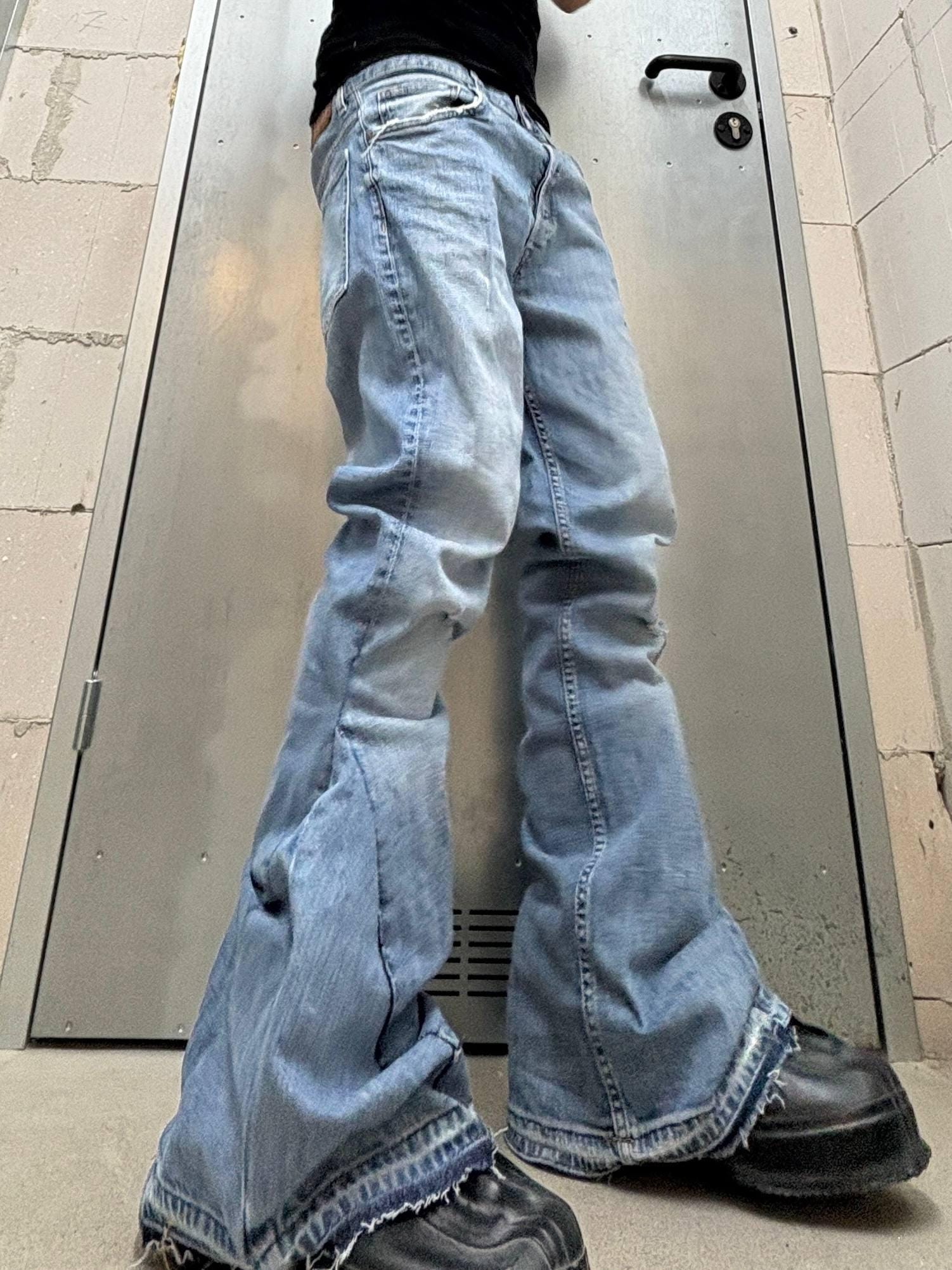 Light-blue Custom Wide Leg Pants: Handmade Grunge Denim - Etsy