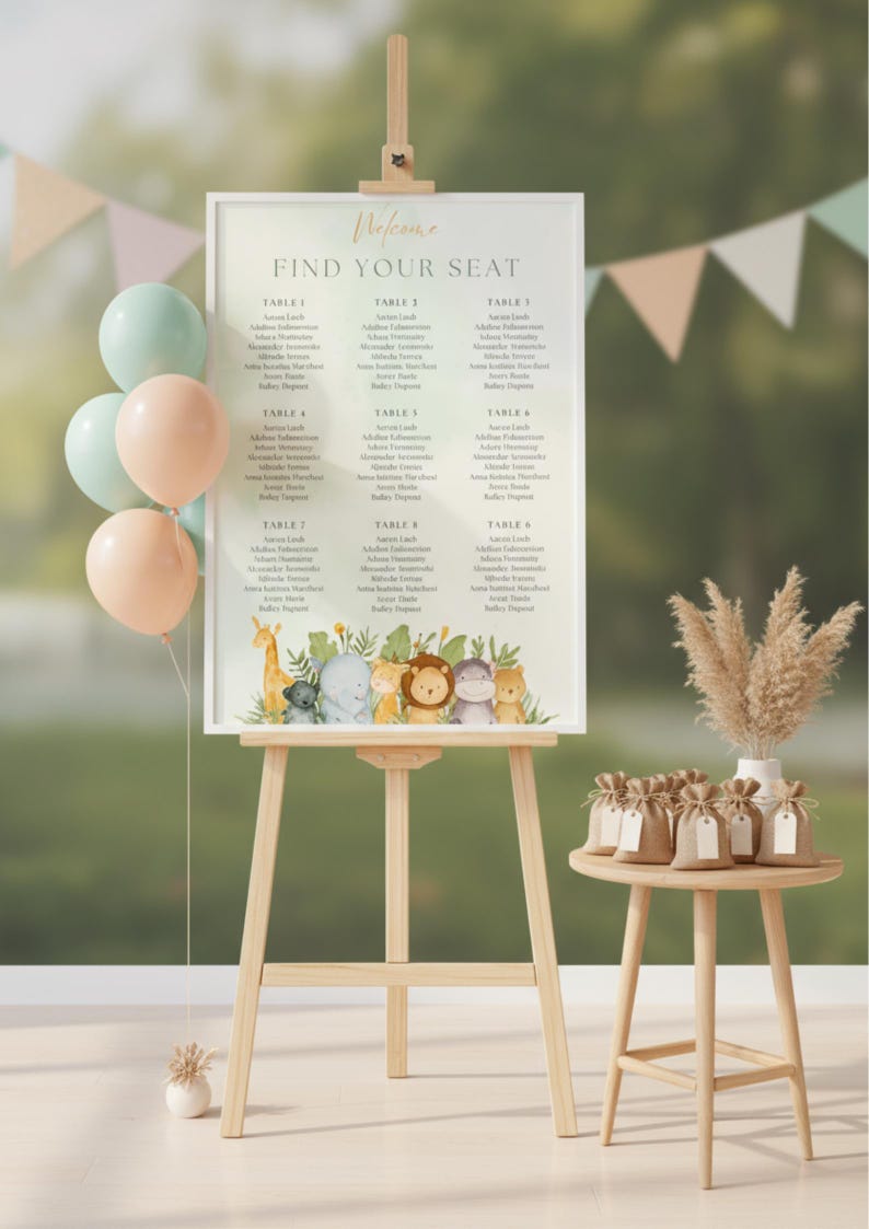 Editable Safari Baby Shower Seating Chart • Printable Jungle Animal ...