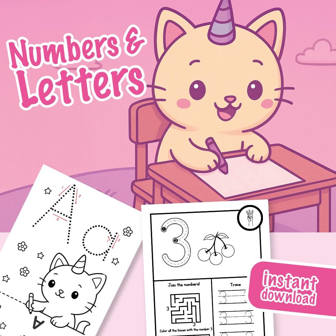 Kittycorn ABC & 123 Worksheets | Trace Letters A-E and Numbers 1-5 ...