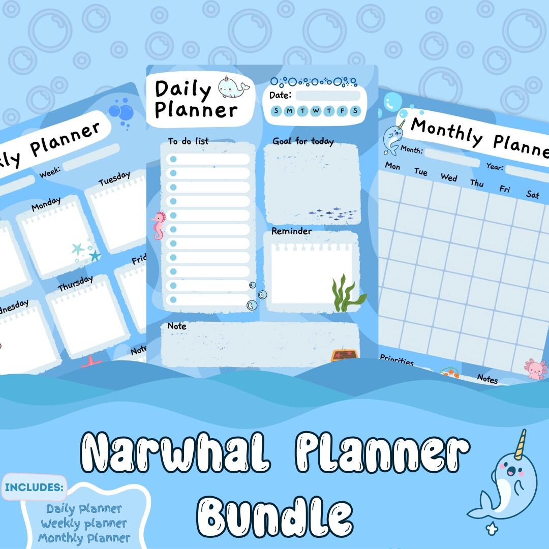 Narwhal Digital Planner Bundle | Cute Ocean Theme Daily & Weekly ...