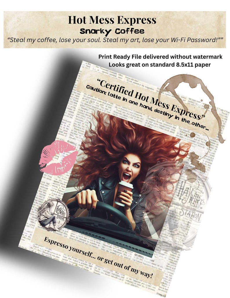 Funny Coffee Bar Posters - Hot Mess Express: Coffee Humor Wall Art ...