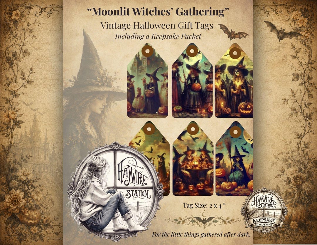 Vintage Halloween Gift Tags, Moonlit Witches Printable, Spooky Party ...
