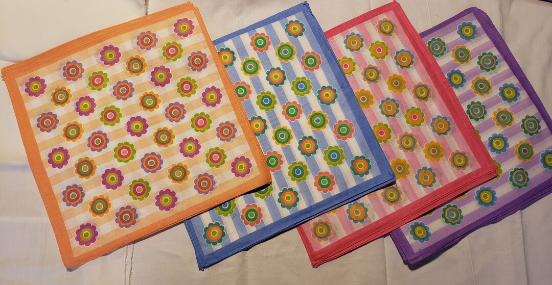 Set of 12 Bright Cheery Handkerchiefs; Hankies; Stripes & Flowers ...