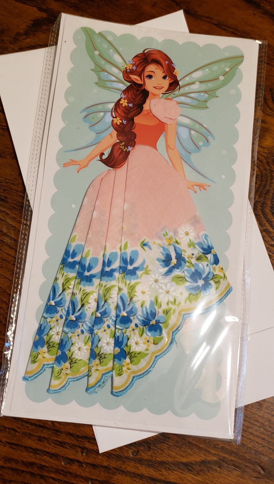 Handkerchief Card; Girl With Fairy Wings, Greeting Card; Useable Hankie ...