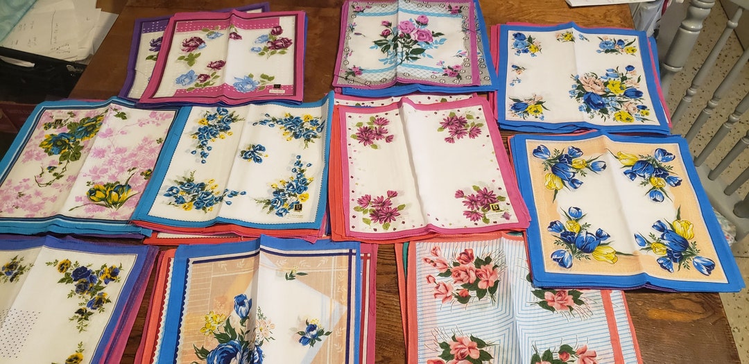 Set of 10 Bright Border Handkerchiefs; Hankies; Floral; Crafting Fabric ...
