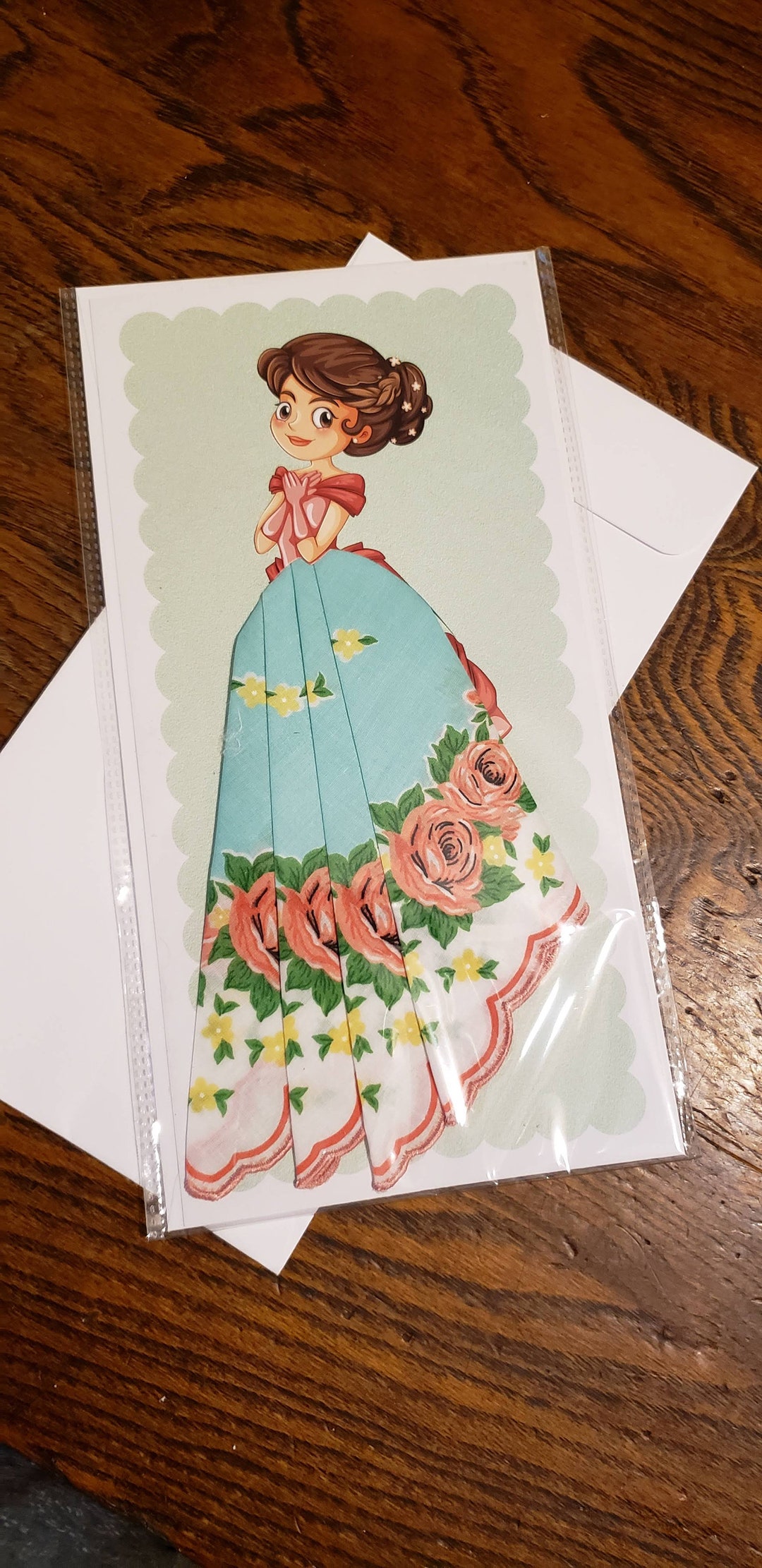 Handkerchief Card; Young Lady, Beautiful Greeting Card; Useable Roses ...