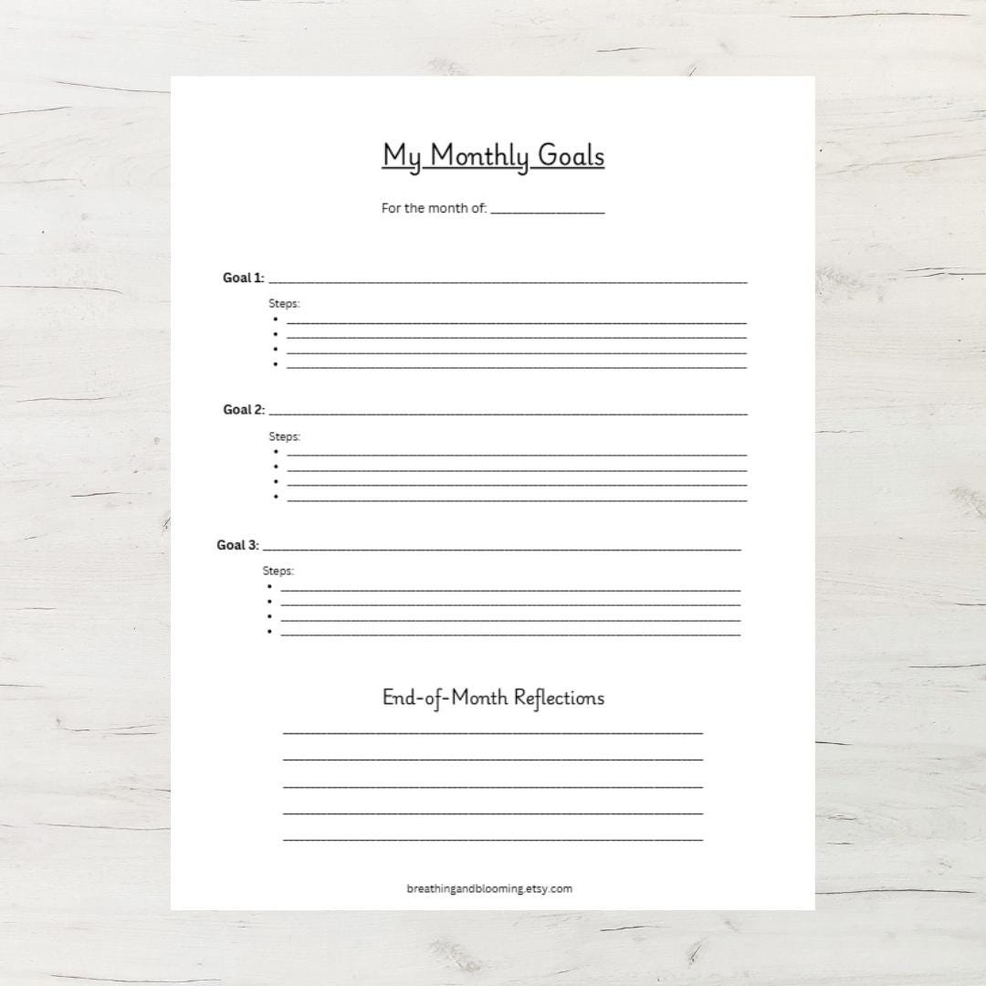 Monthly Goals Worksheet Printable Goal Setting Template PDF Monthly ...