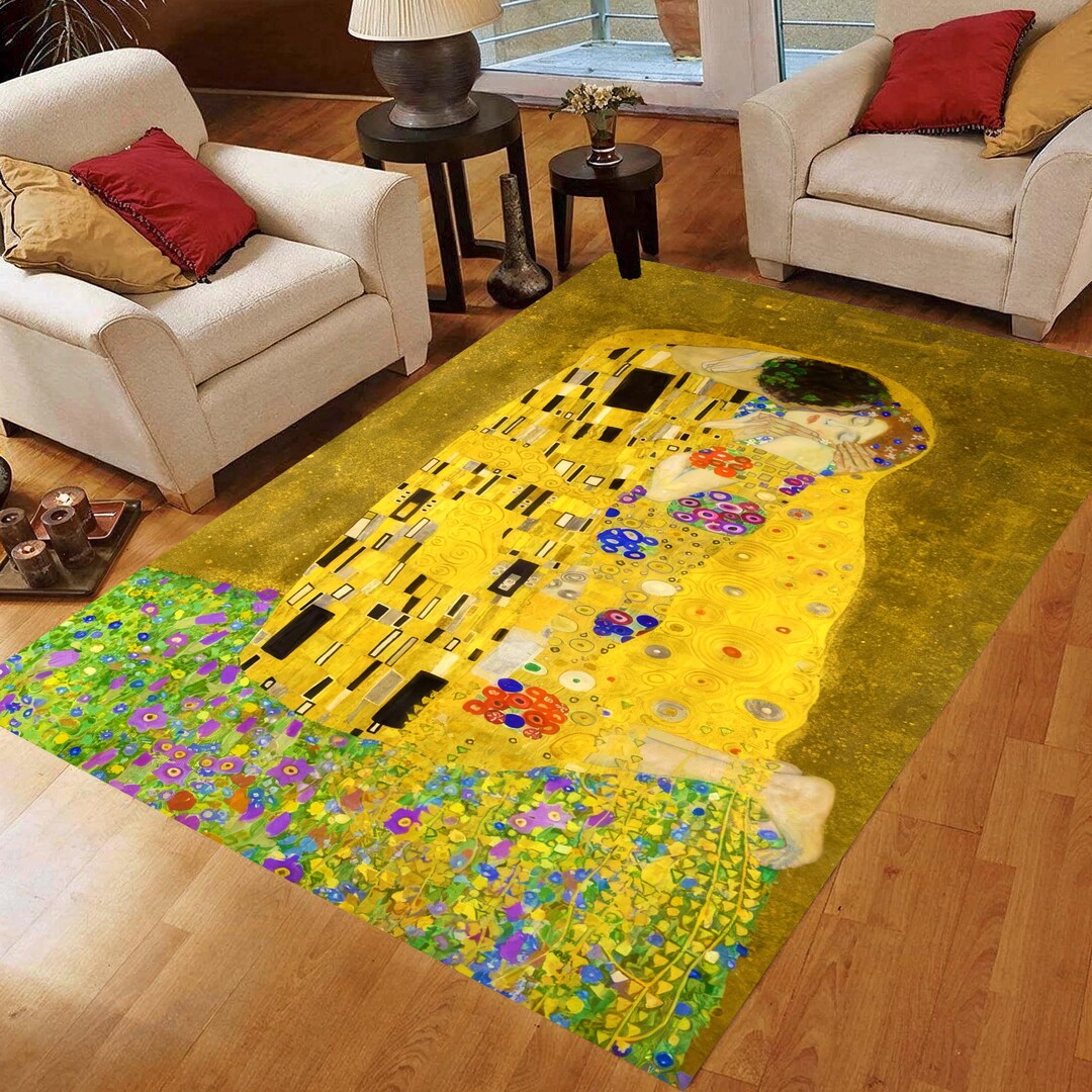 The Kiss Inspired Rug: Klimt Gold Lovers Art Area Carpet, Non Slip ...