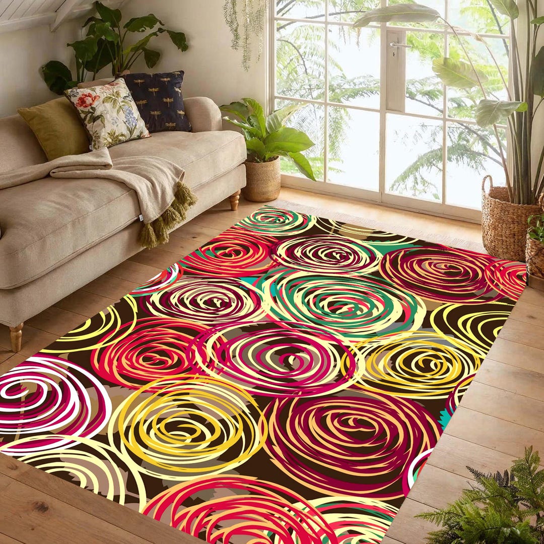 Colorful Spiral Circles Area Rug: Abstract Swirl Pattern Carpet, Non ...