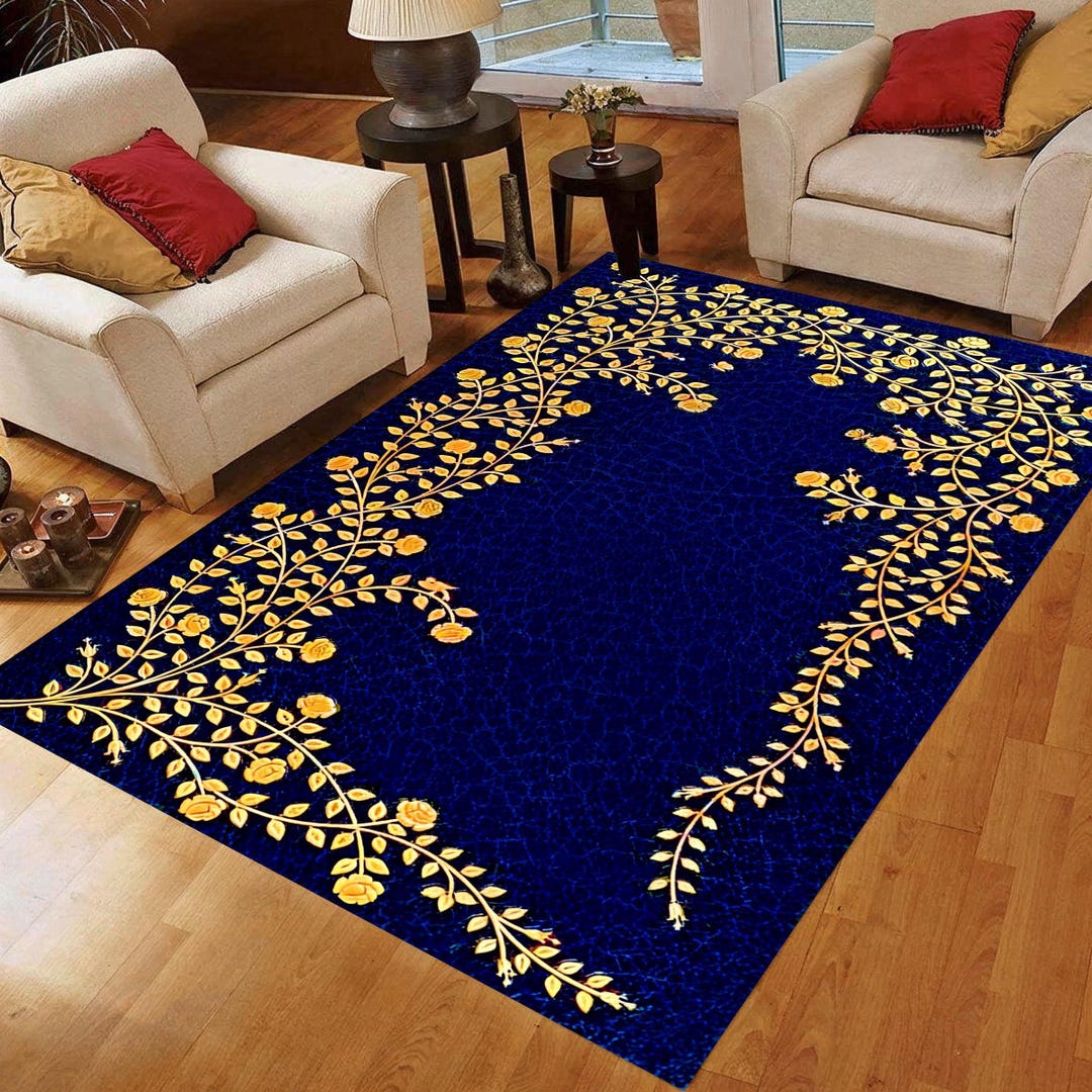 Royal Blue Gold Floral Area Rug: Vintage Elegant Vine Frame Carpet, Non ...