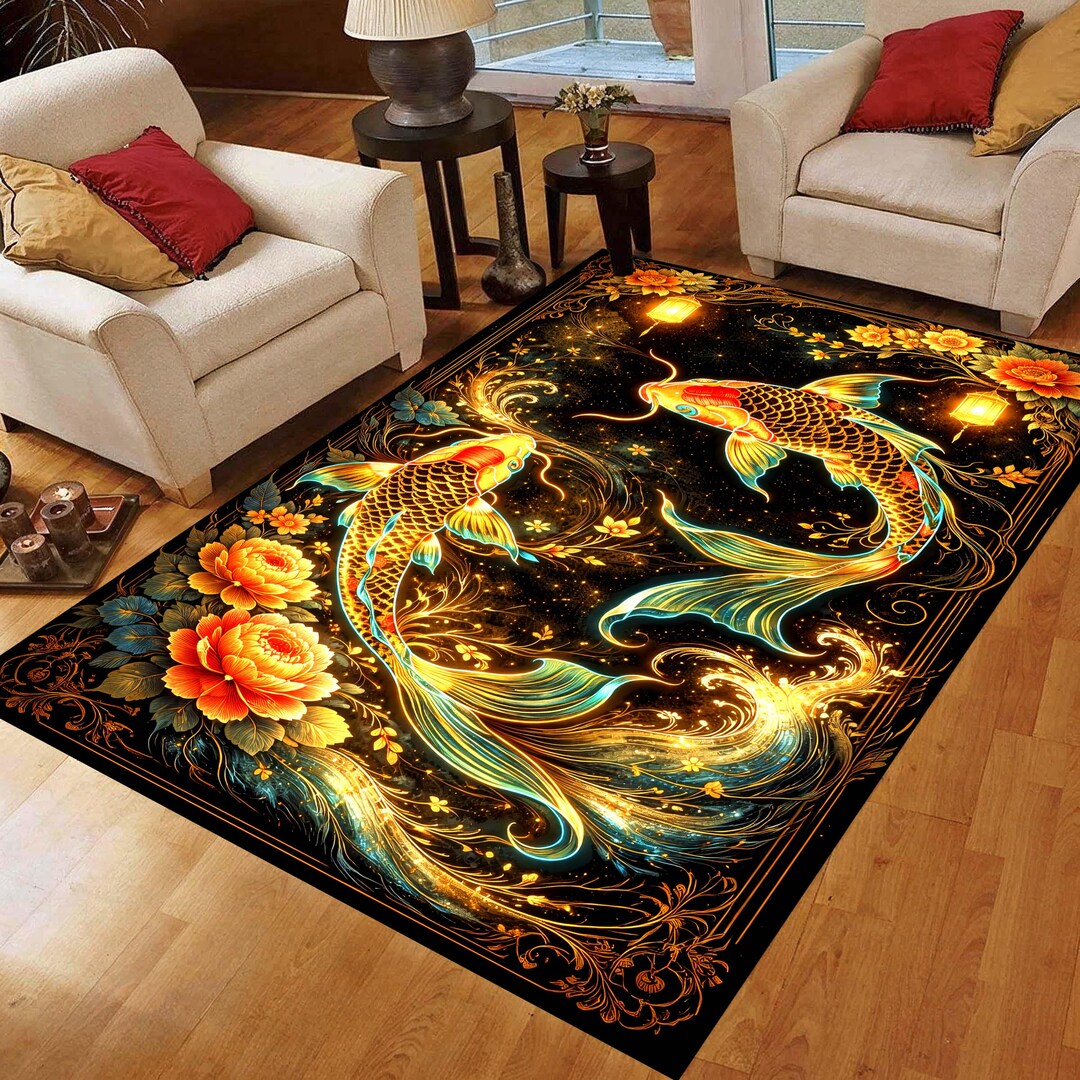 Glowing Koi Fish Area Rug: Black Gold Lotus Lantern Carpet, Machine ...