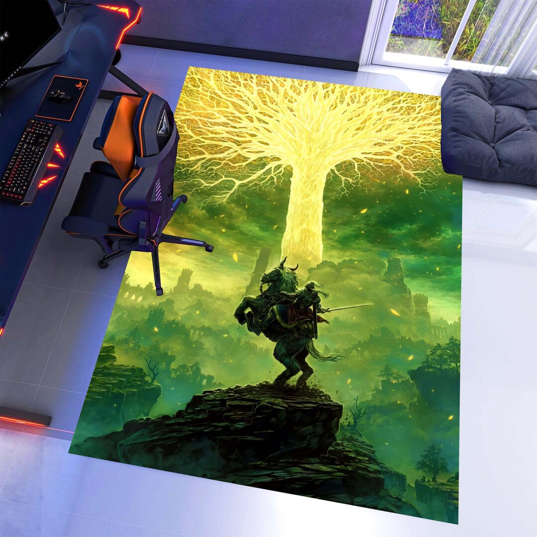 Golden World Tree Fantasy Rug: Green Mystic Warrior Area Carpet, Non ...