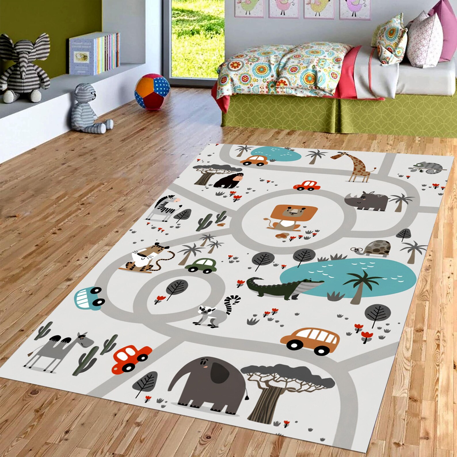 Kids Safari Play Rug: Velvet Road Map, Jungle Animals Nursery Decor ...