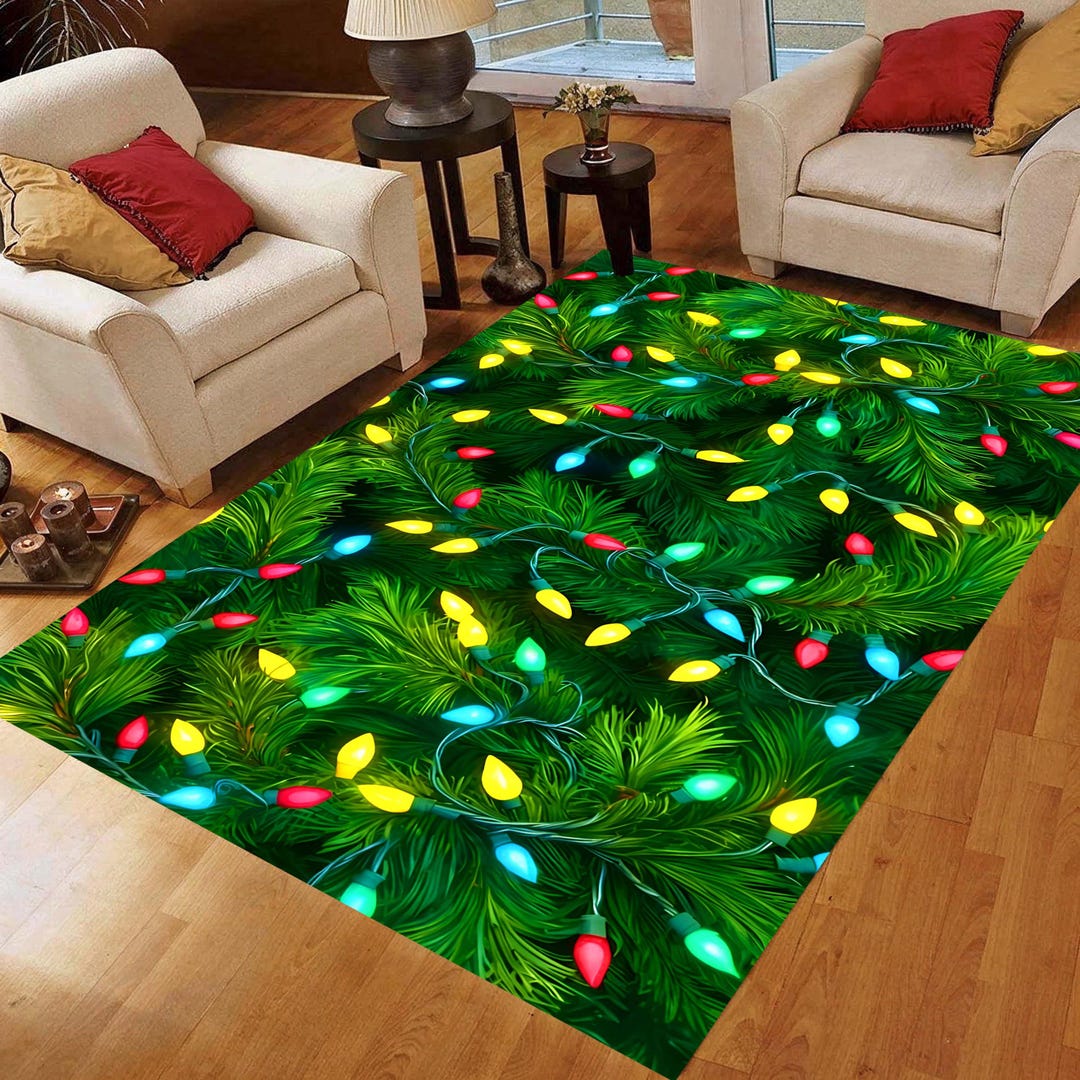Christmas Lights Tree Branch Rug, Green Holiday Carpet, Non Slip ...