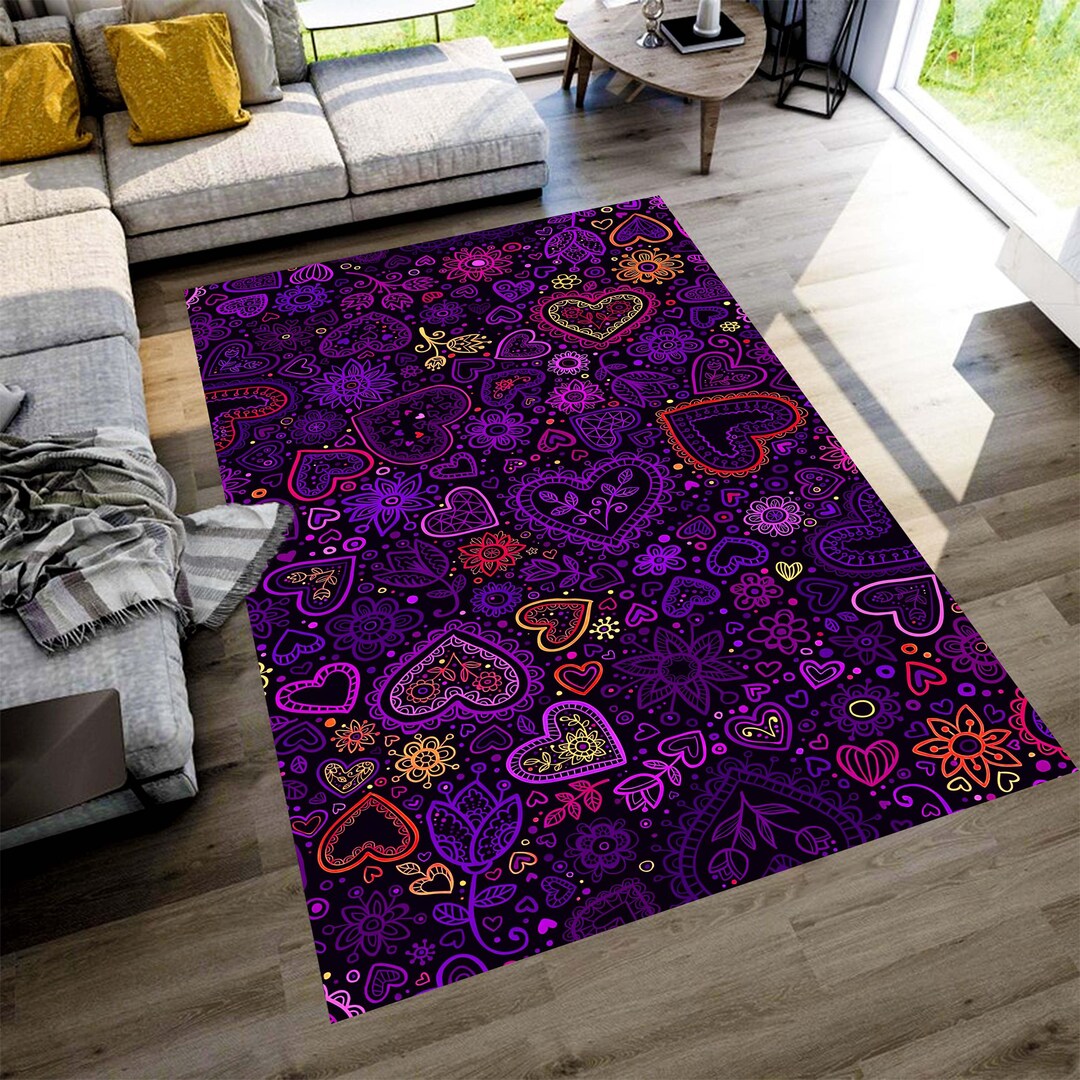 Heart Doodle Rug: Neon Purple Floral Carpet, Non Slip Washable - Etsy