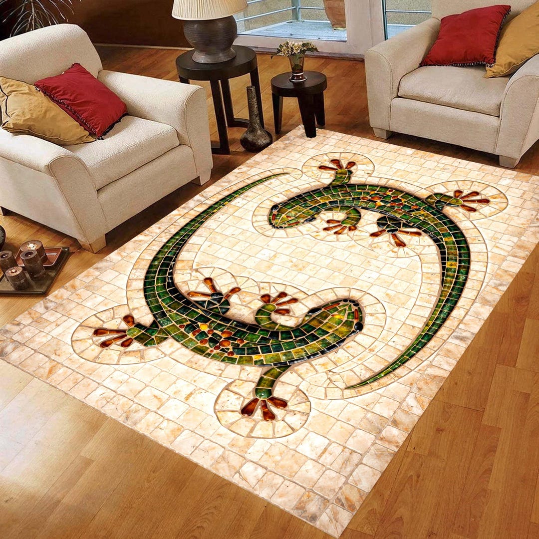 Mosaic Gecko Lizard Rug: Stone Tile Look Area Carpet, Non-slip Machine ...