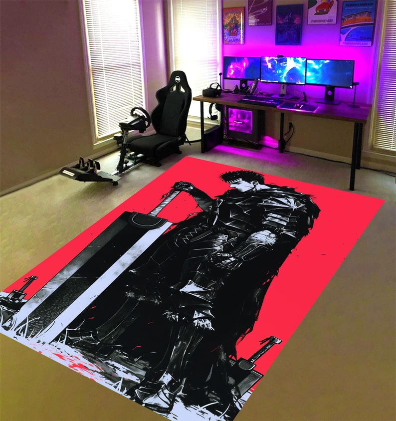 Crimson Anime Warrior Rug: Dark Knight Sword Gaming Room Carpet, Non ...