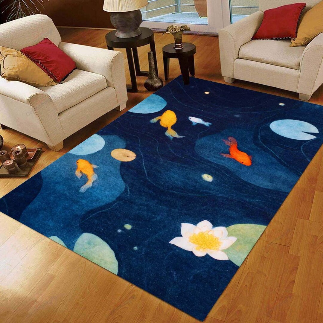 Koi Fish Area Rug: Japanese Lotus Pond Design, Non-slip, Machine ...