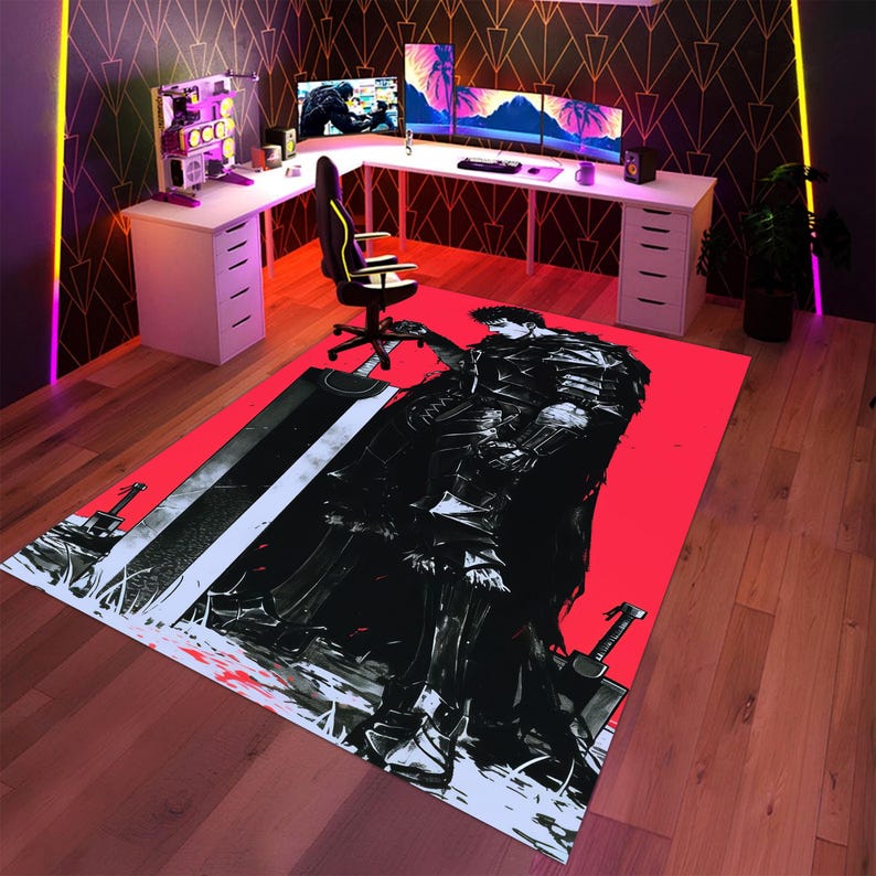 Crimson Anime Warrior Rug: Dark Knight Sword Gaming Room Carpet, Non ...