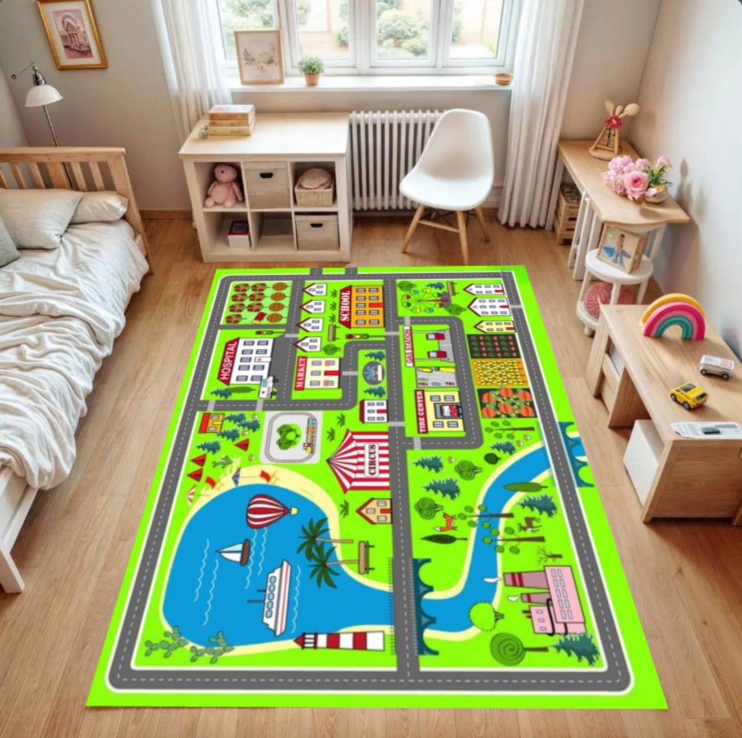 Colorful City Map Rug, Washable, Non-slip, Perfect for Kids' Playrooms ...