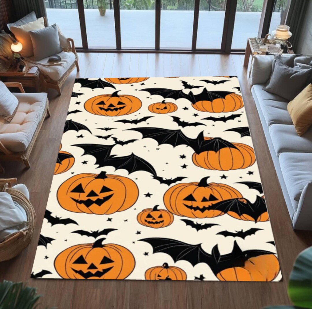 Halloween Pumpkin Bat Rug, Spooky Fall Area Mat, Washable Non Slip ...