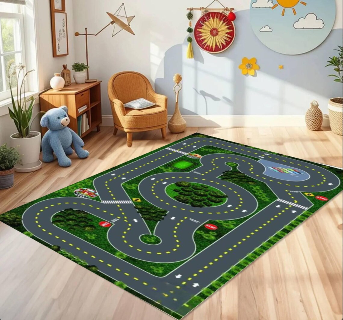 Kids Road Track Play Rug, Washable Non Slip Car Play Mat, Toddler ...