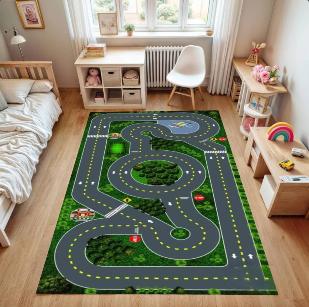 Kids Road Track Play Rug, Washable Non Slip Car Play Mat, Toddler ...