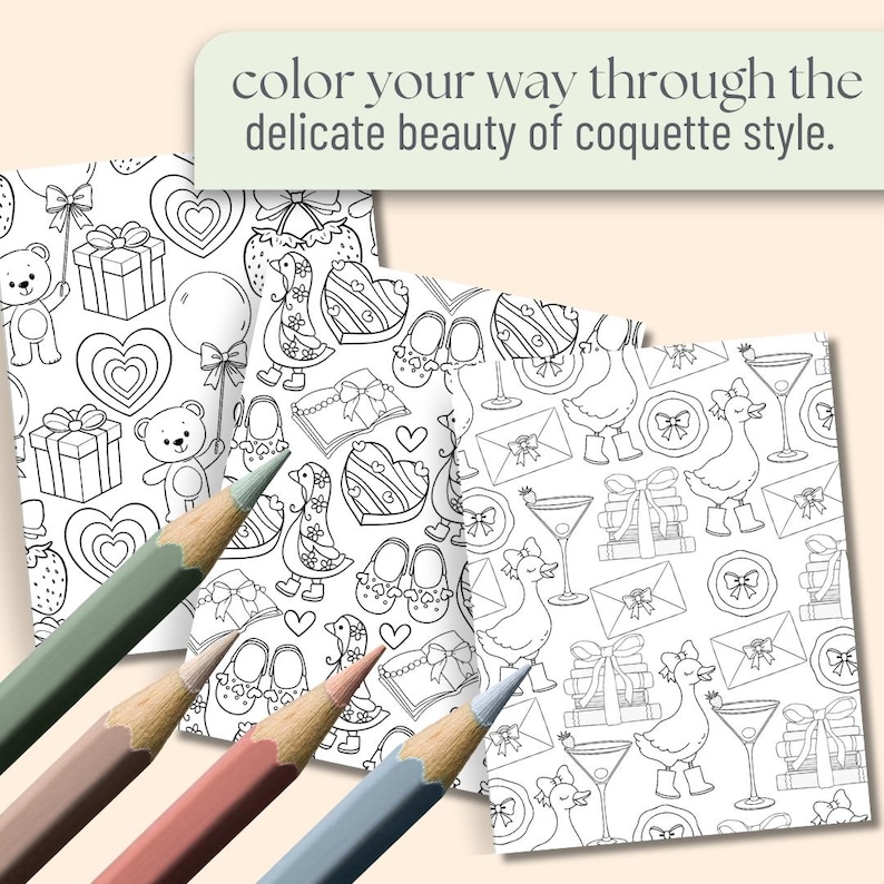 Coquette Coloring Pages | 12 Cute Pattern Designs With Bows, Pearls ...