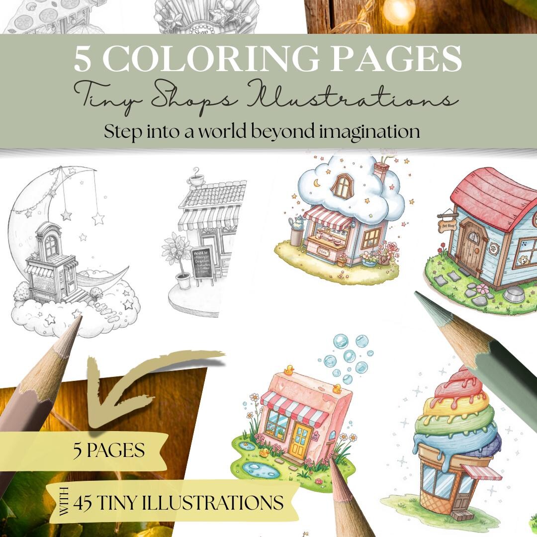 Tiny Shops Coloring Pages Bundle | 45 Miniature Store Illustrations ...