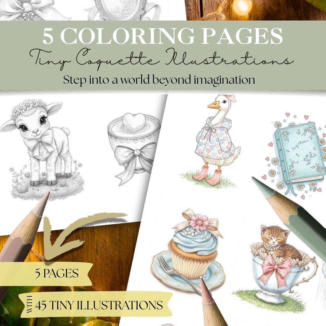 Tiny Coquette Illustrations Coloring Pages | 45 Aesthetic Bows, Pearls ...