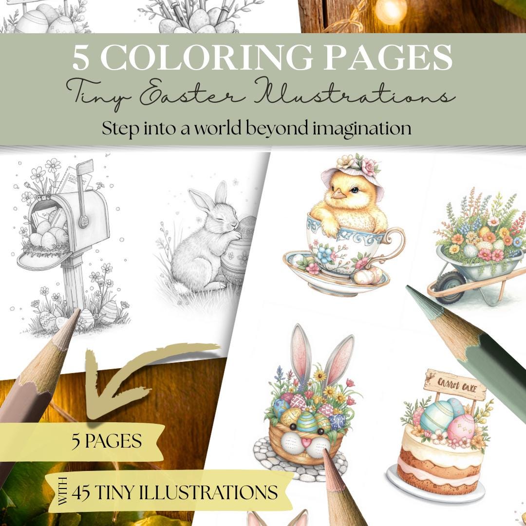 Tiny Easter Illustrations | Bunny & Egg Coloring Pages | 45 Mini Spring ...