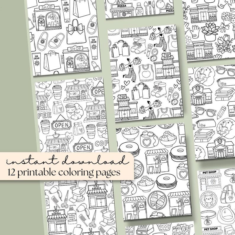 Tiny Shops Coloring Pages | Storefront Pattern Bundle | 15 Printable ...