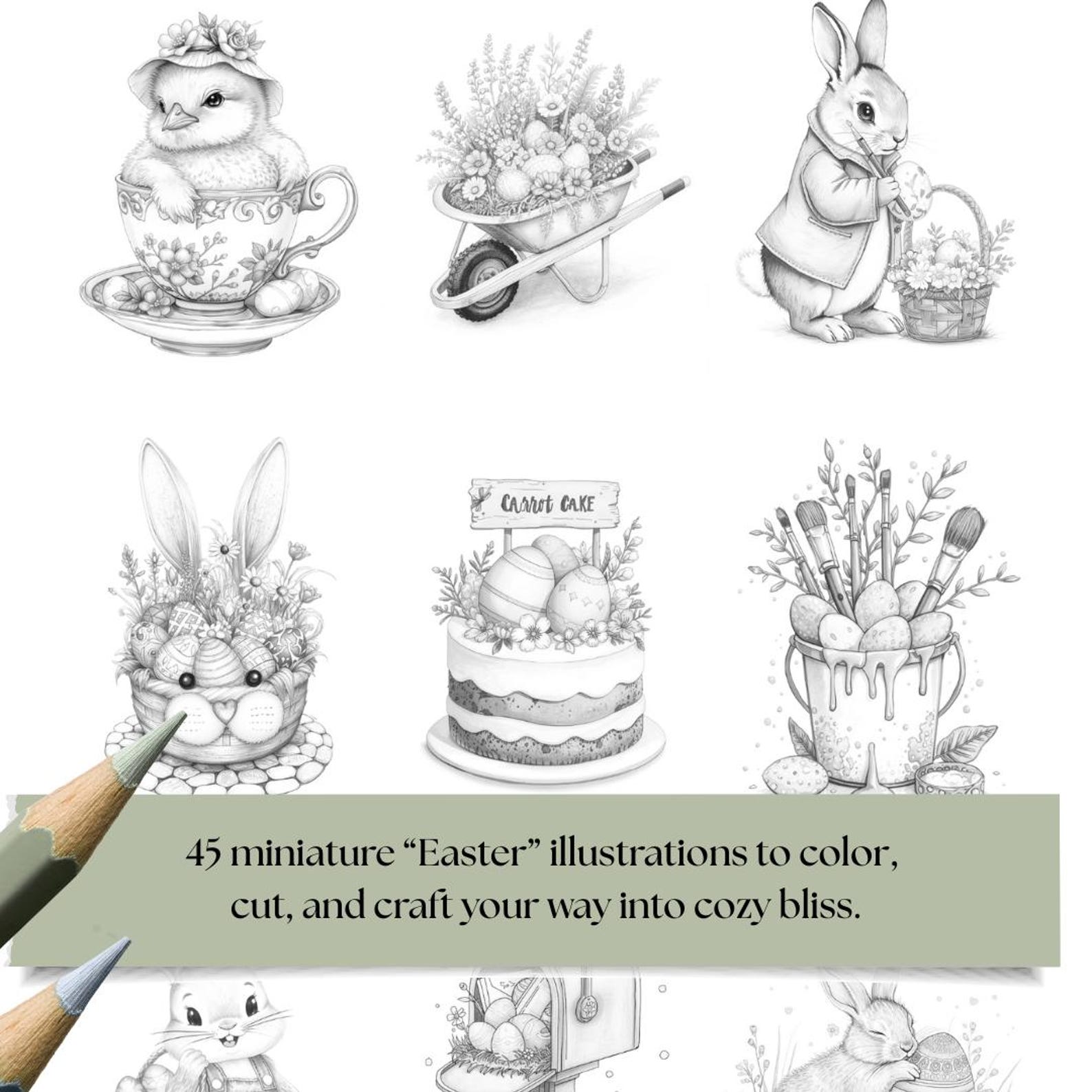 Tiny Easter Illustrations | Bunny & Egg Coloring Pages | 45 Mini Spring ...