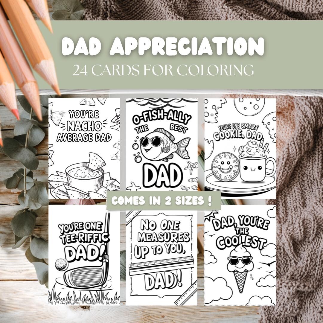 Dad Appreciation Coloring Cards | 24 Printable Pun Cards for Dad ...